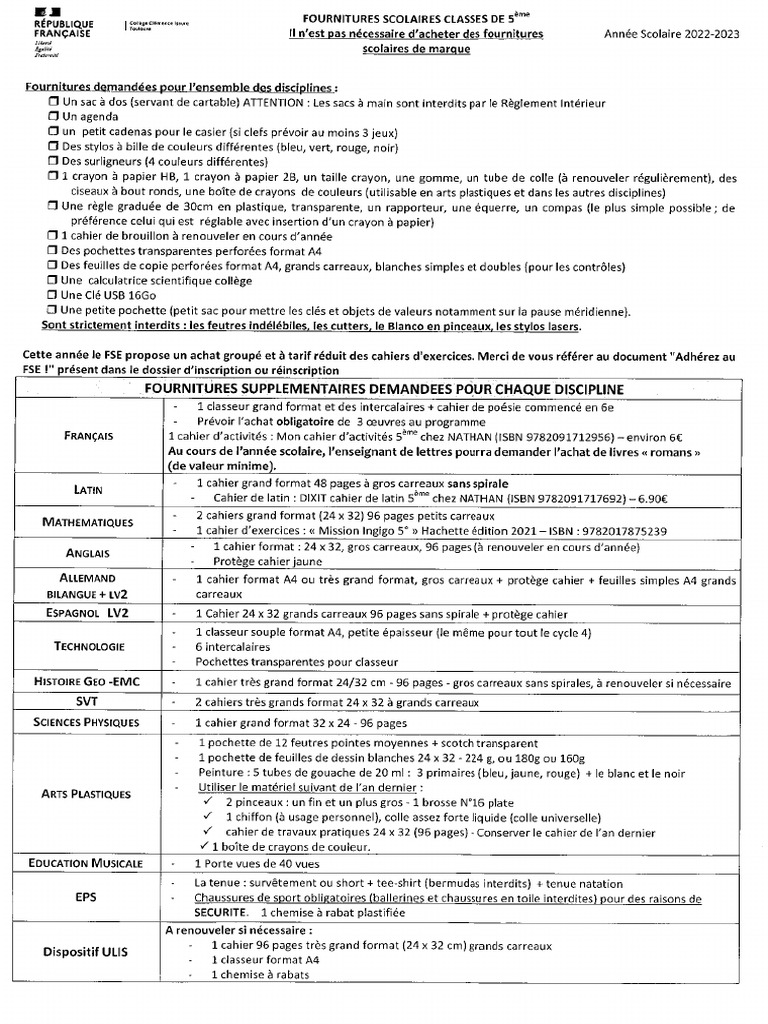 2022 2023 -FOURNITURES NIVEAU 500 | PDF