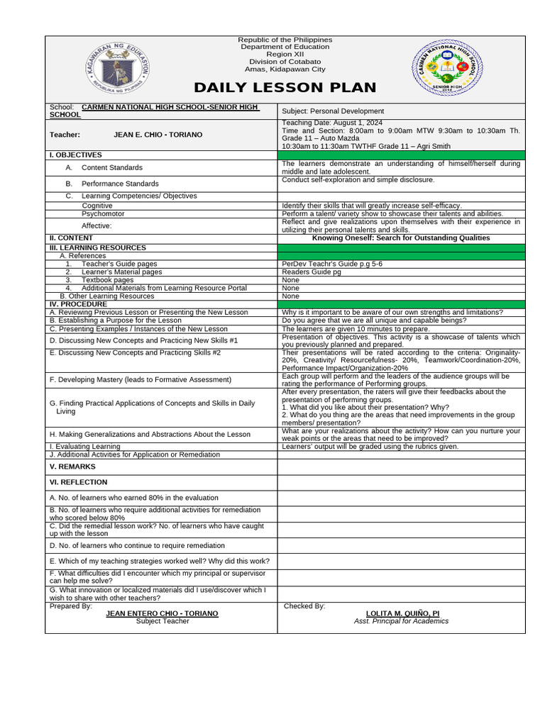 DLP Personal Development Grade 11 | PDF