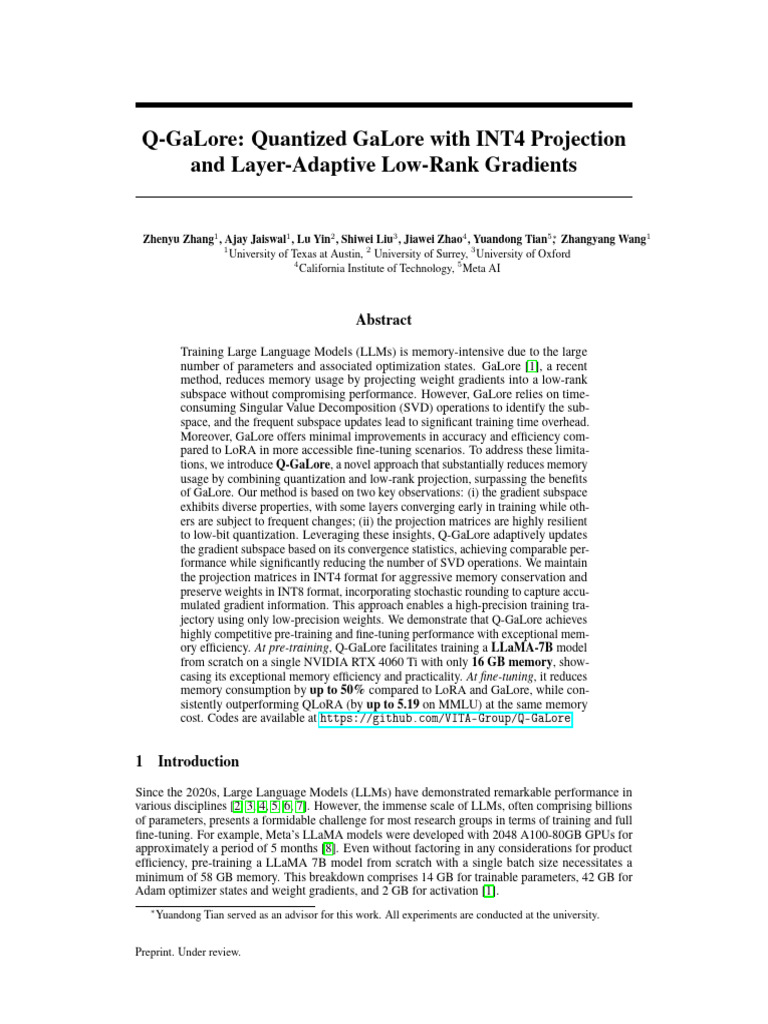 Q-Galore: Quantized Galore With Int4 Projection and Layer-Adaptive Low ...