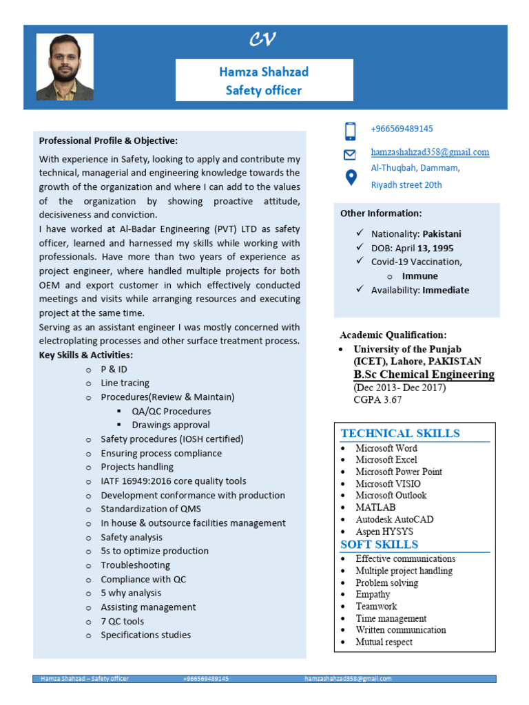CV Hamza Shahzad - Safety Officer | PDF