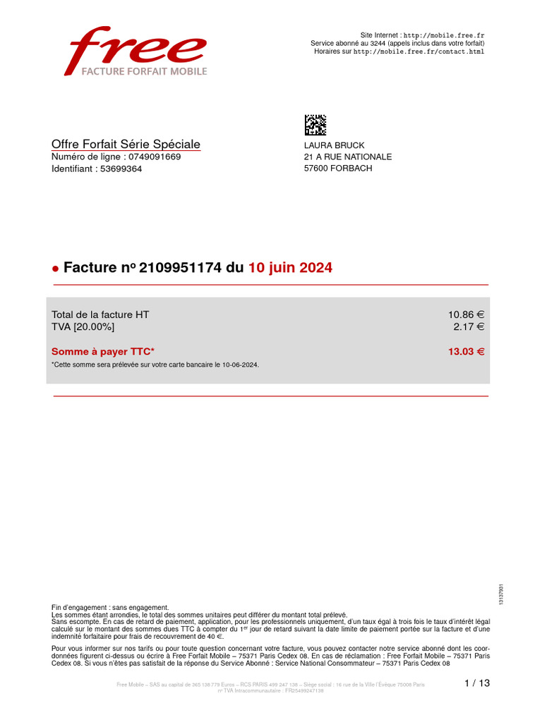 Facture Freemobile 20240610 | PDF