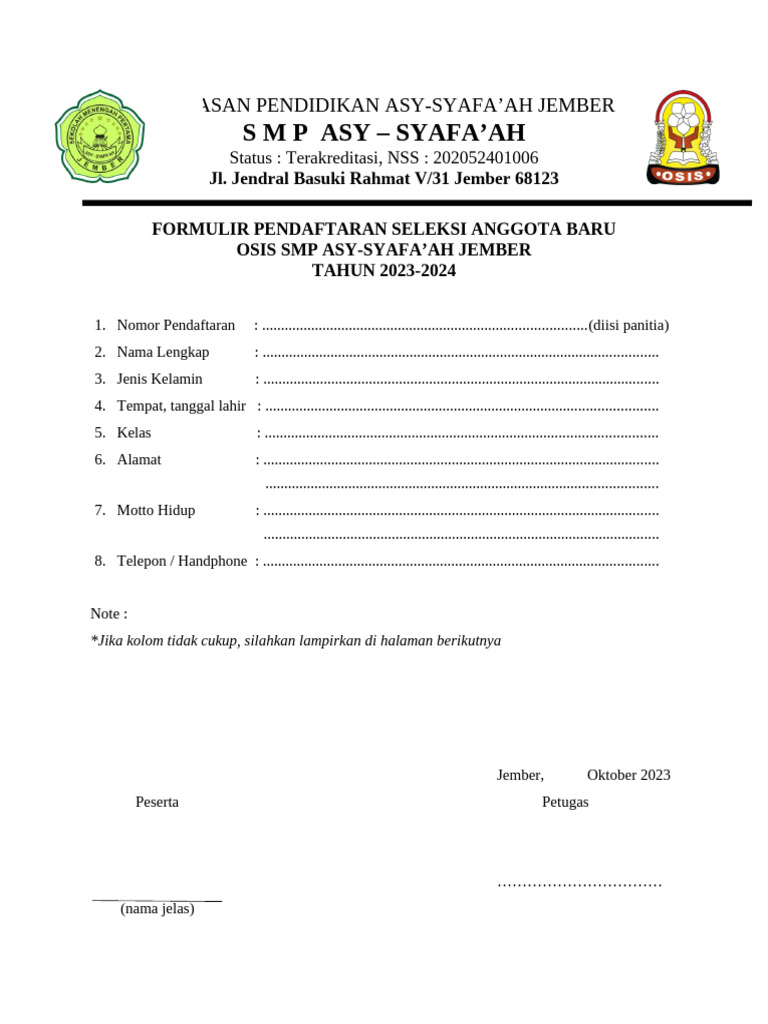 Formulir Pendaftaran Osis | PDF