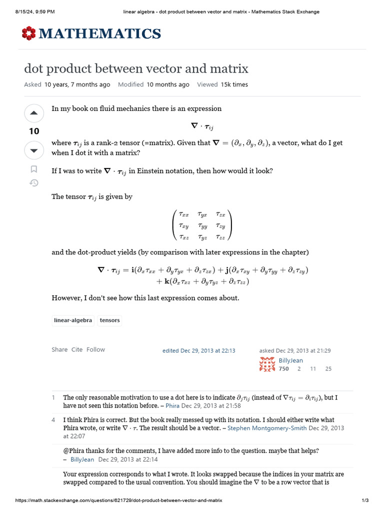 Linear Algebra - Dot Product Between Vector and Matrix - Mathematics ...