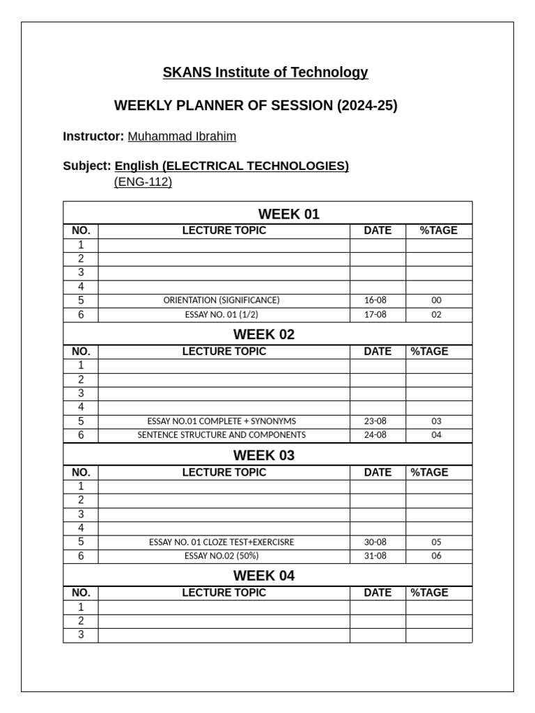 Weekly Planner ENG-112 (ELECTRICAL TECHNOLOGY) | PDF