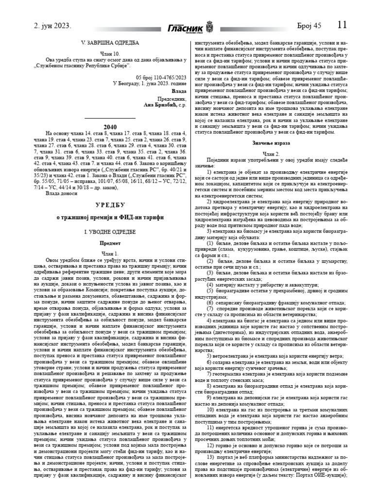 Uredba o FID-In Tarifi JUN 2023 | PDF