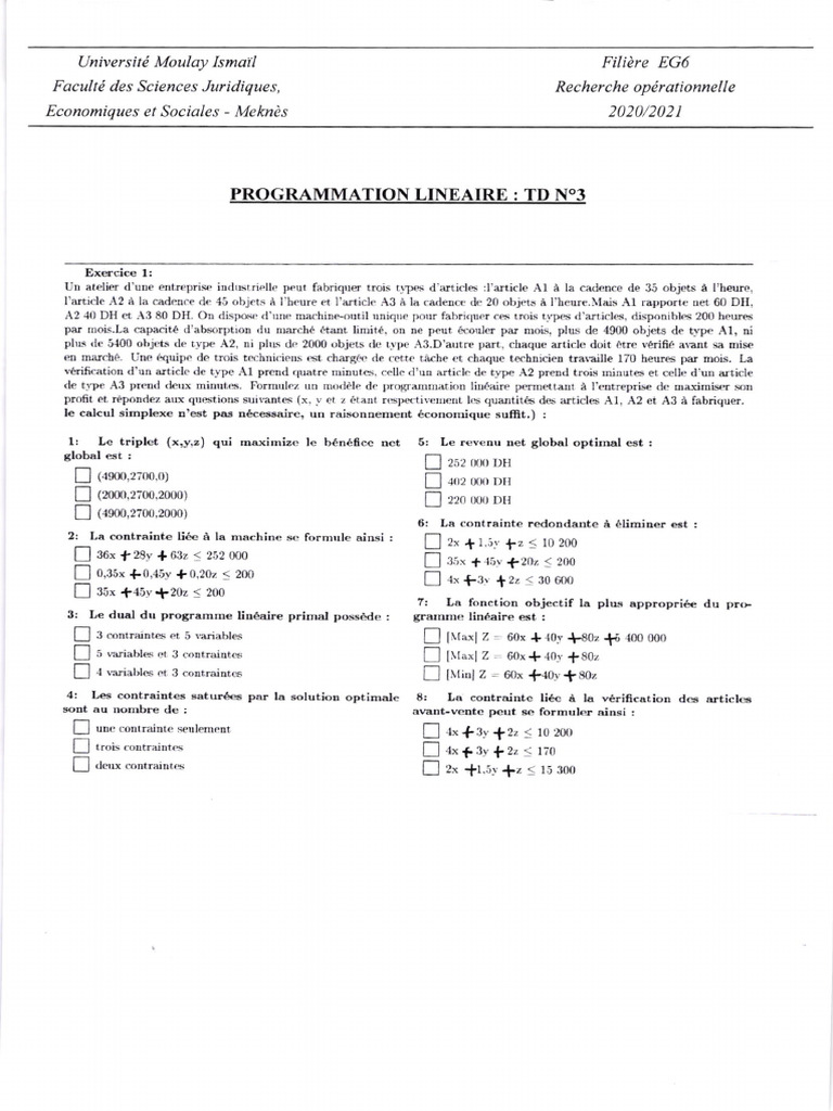 Programmation Lineaire: Moulay Ismaïl Juridiques, EG6 Opérationnelle | PDF