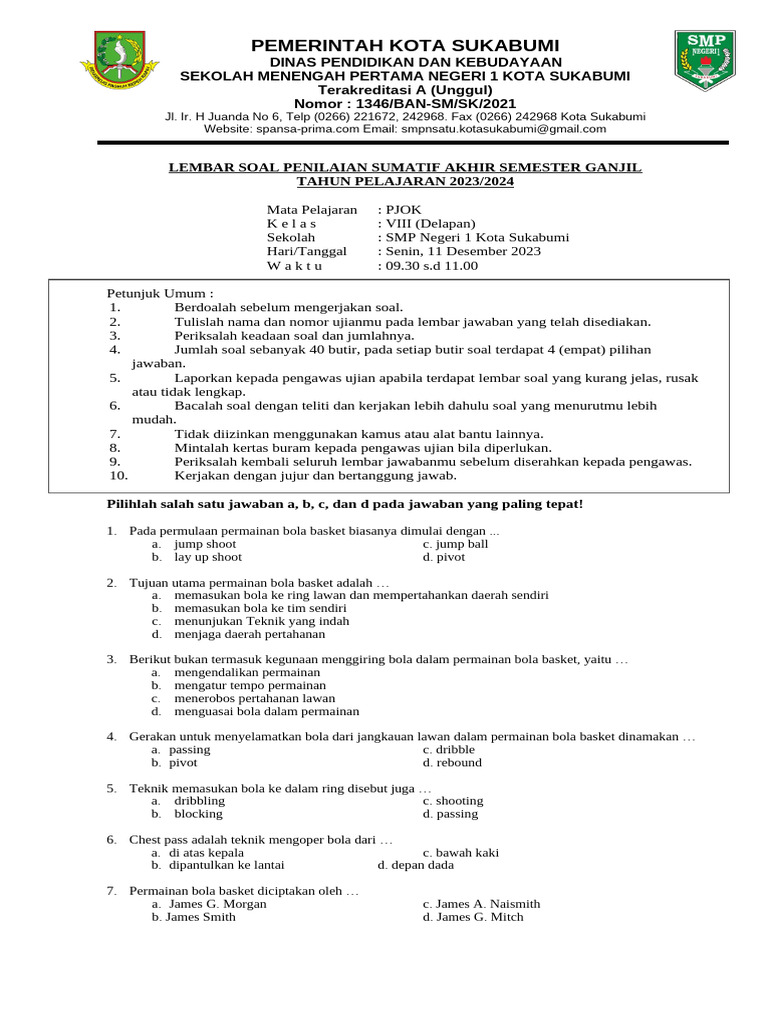 SOAL SAS KELAS 8 2023 PJOK Ganjil | PDF