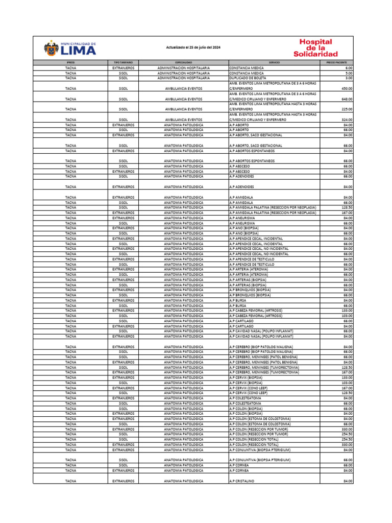 Tarifario Tacna | PDF