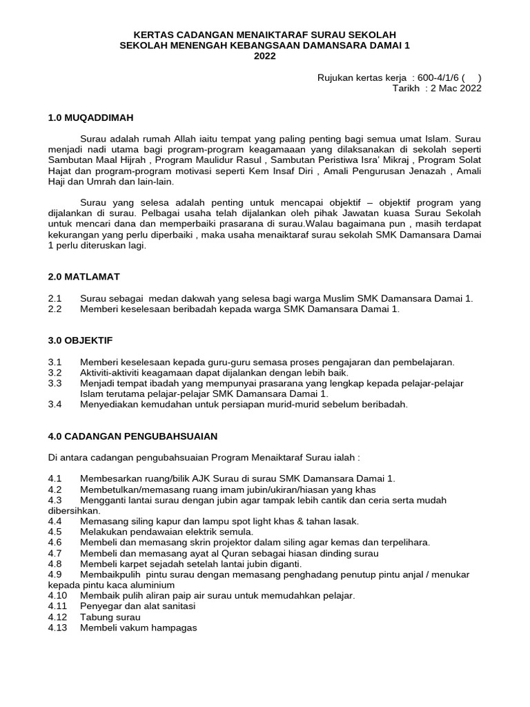 Proposal Surau Smkdd1 | PDF | Religious Faiths | Home & Garden