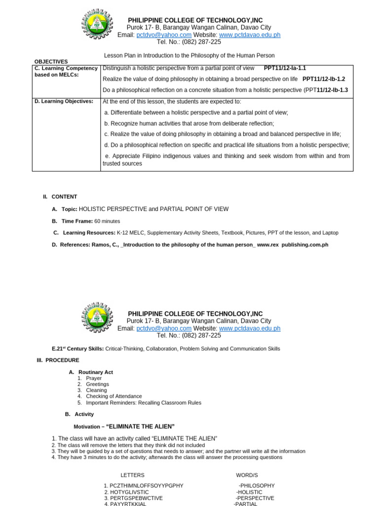 LESSON PLAN -PHILOSOPHY WEEK 1 | PDF
