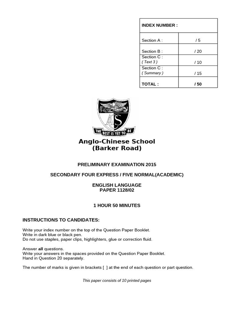 EL Paper 2 - Question Paper - Sec 4 Express and 5 Normal Academic - EL ...