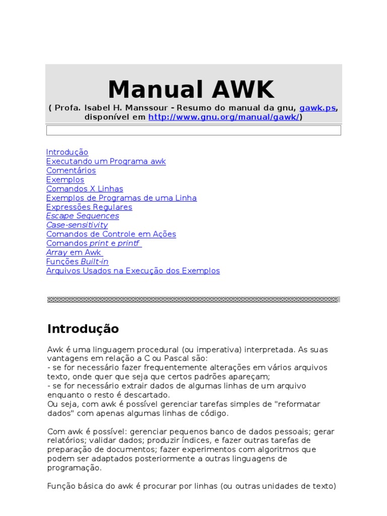 Manual AWK | PDF | Estrutura de dados de matriz | Expressão regular ...
