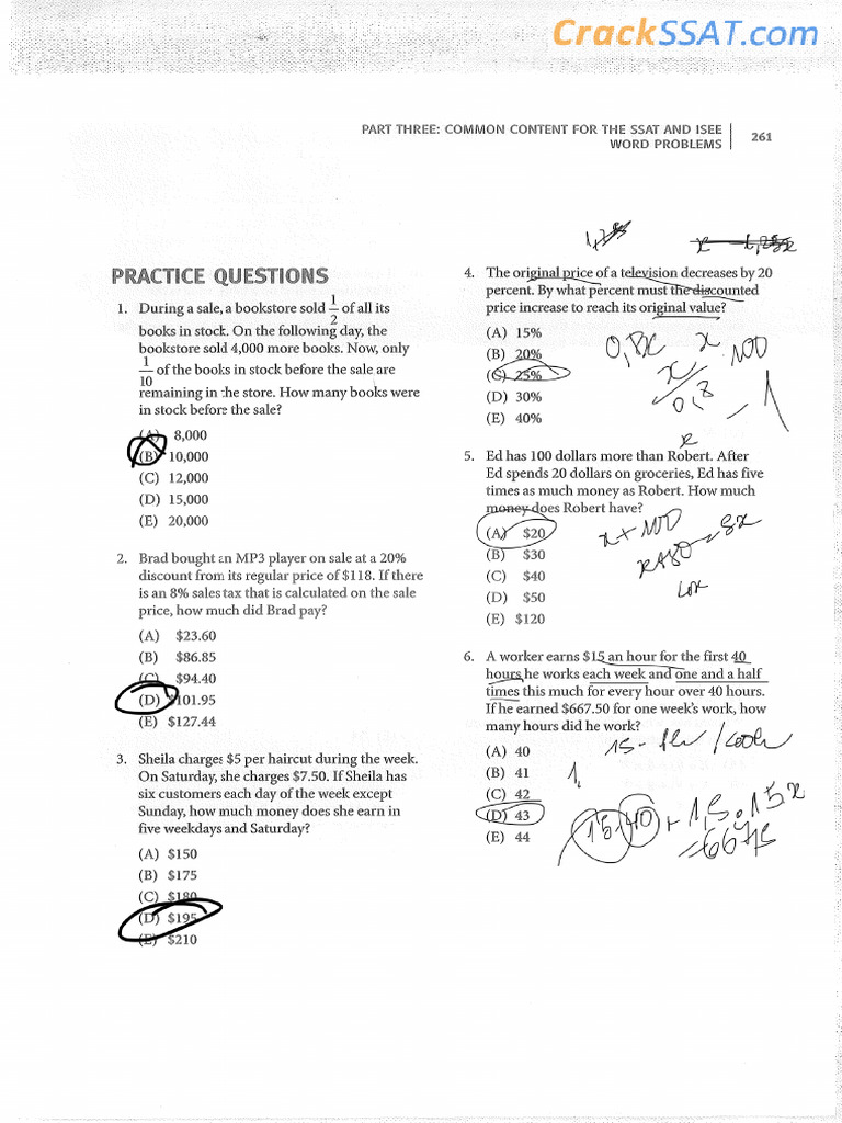 SSAT Math - Word Problems Practice Test | PDF