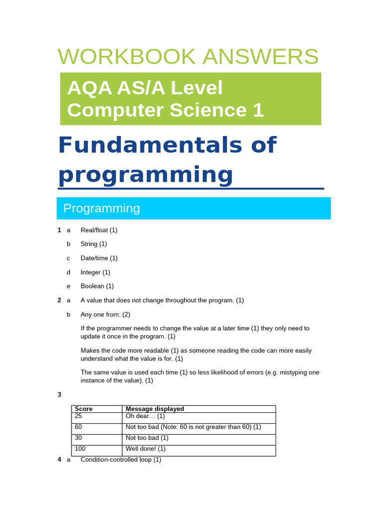 AQA Comp Sci WB 1 Answers | PDF