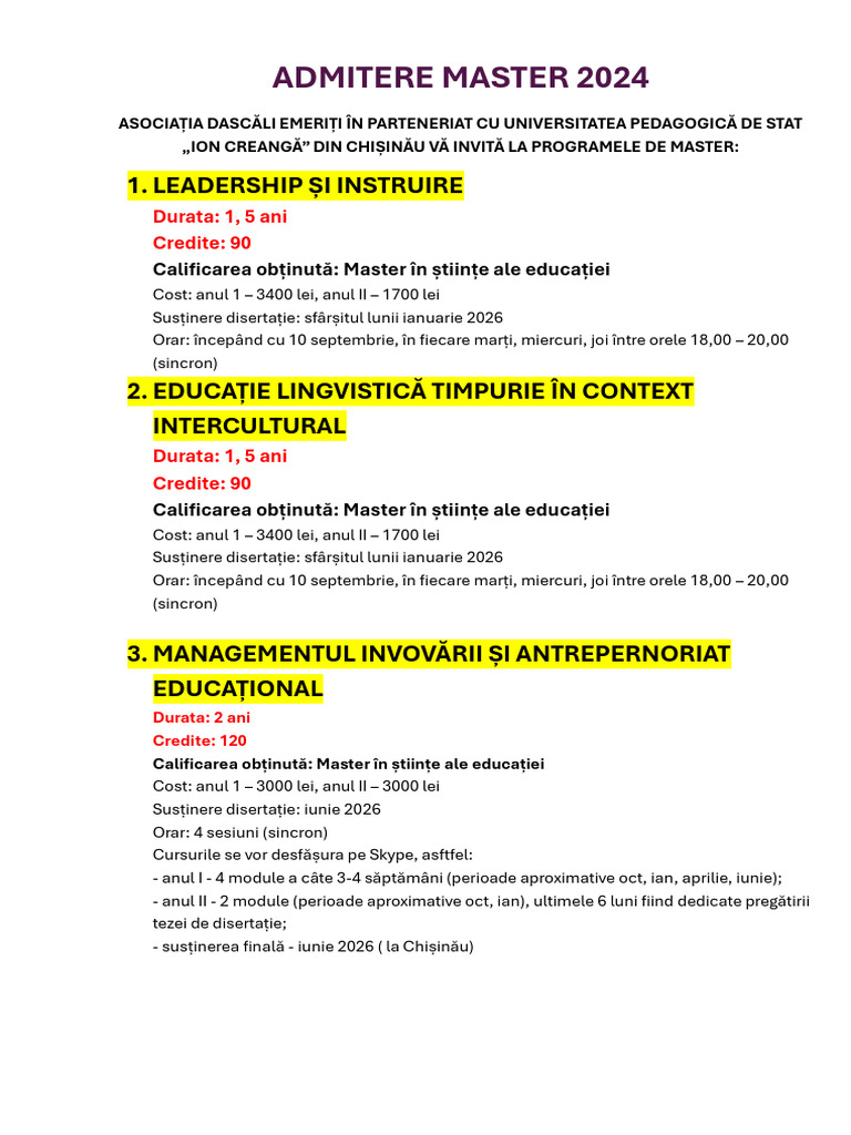 ADMITERE - 2024 - Master - 3 PROGRAME | PDF