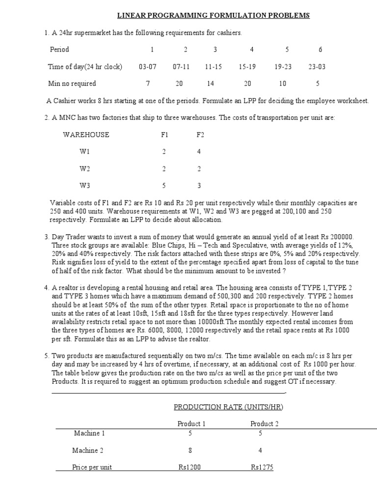 Linear Programming Formulations Problems 2