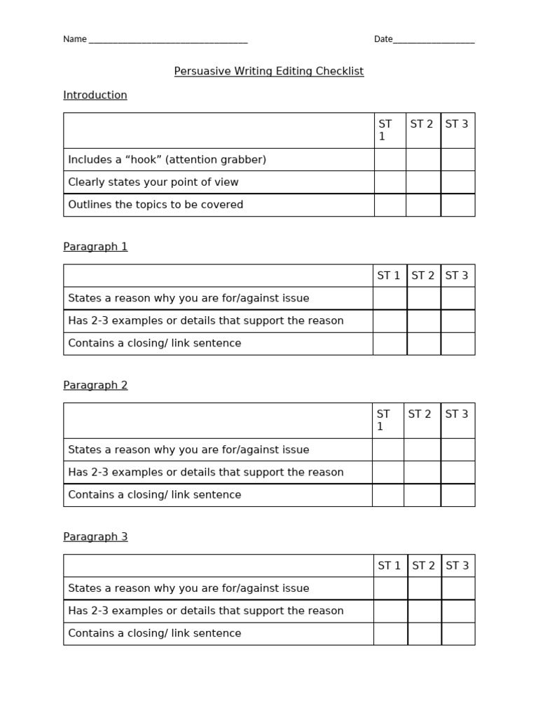 Persuasive Piece Editing Checklist | PDF