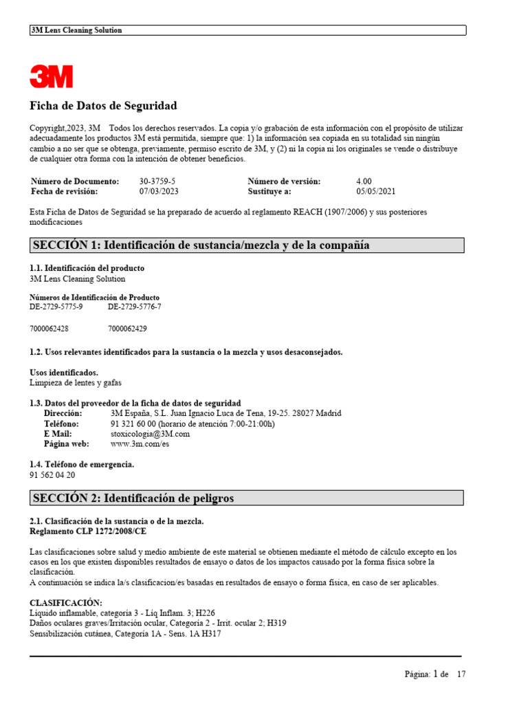 Msds-Lens Cleaning Solution 3M | PDF