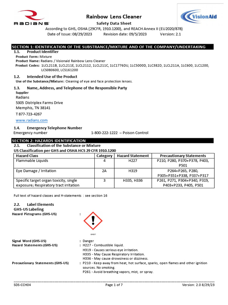 MSDS - Lens Cleaning Statión | PDF