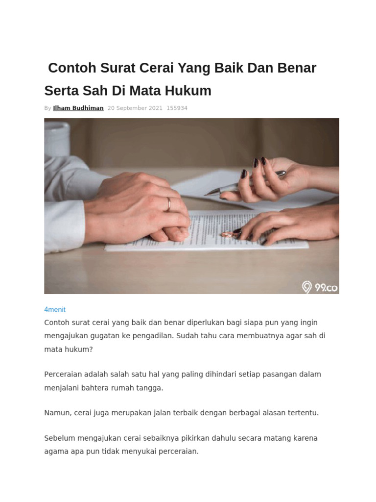 Contoh Surat Cerai Yang Baik Dan Benar Serta Sah Di Mata Hukum | PDF