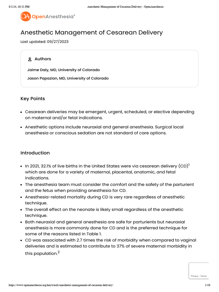 Anesthetic Management of Cesarean Delivery - OpenAnesthesia | PDF