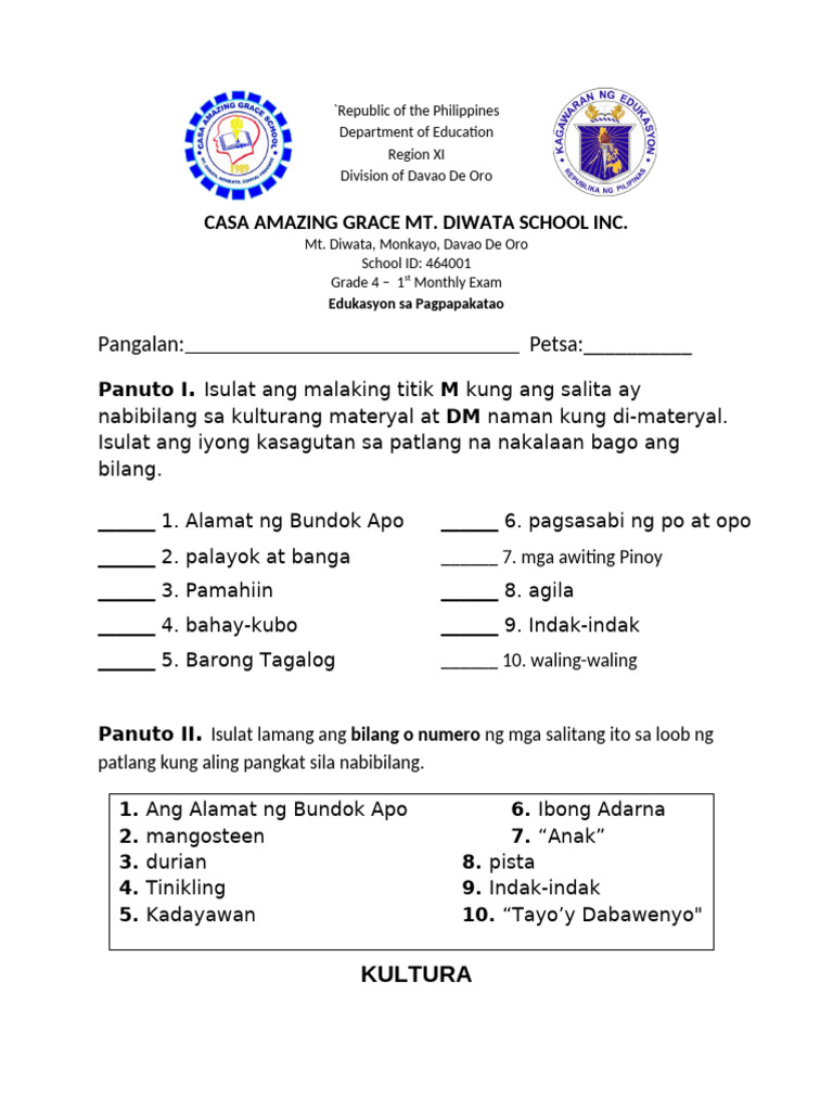 Pangalan: Petsa: - : Casa Amazing Grace Mt. Diwata School Inc | PDF