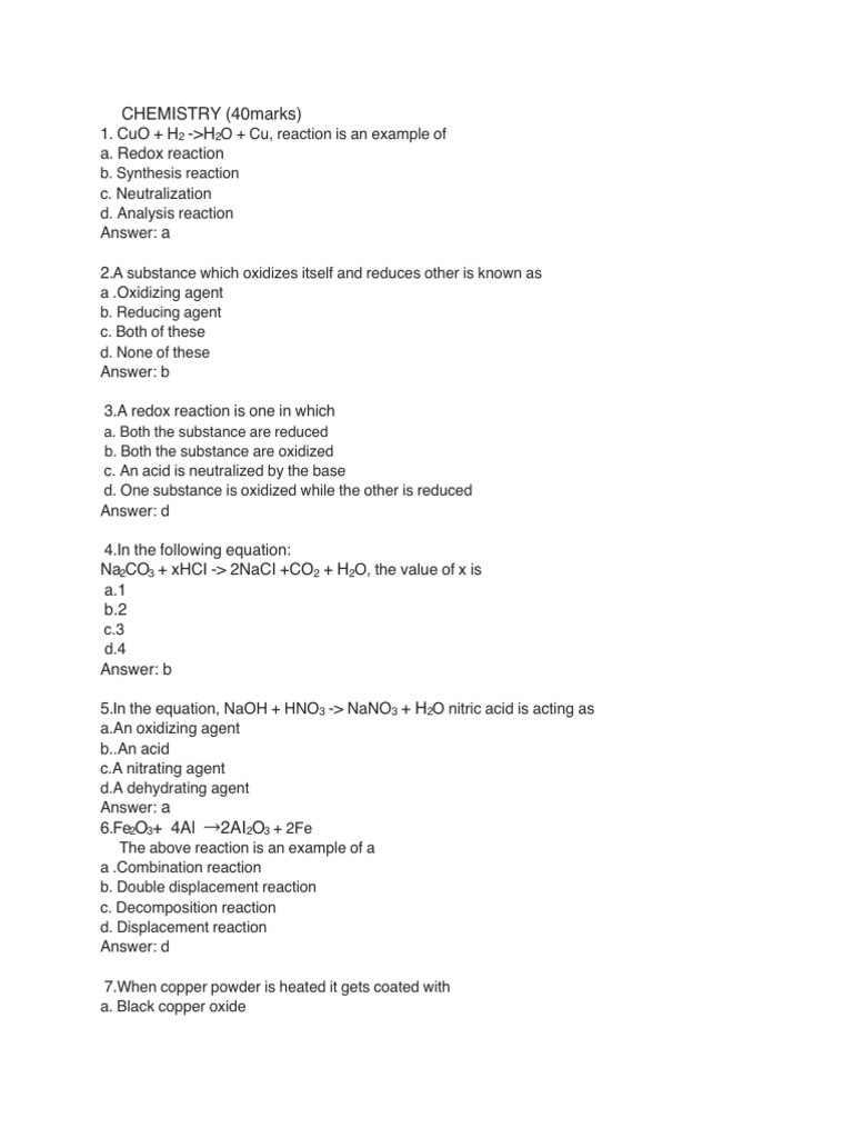 Class 10_Chemistry_ Chemical reactions and equations _ Question Bank | PDF