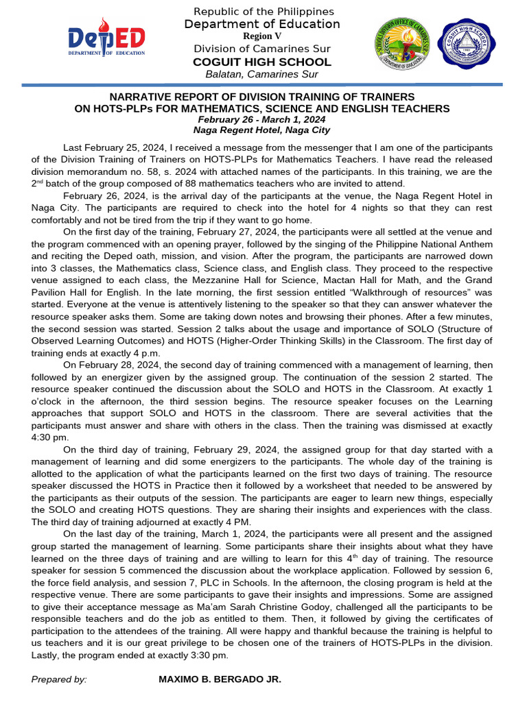 Narrative Report of Division Training of Trainers On HOTS-PLPs | PDF