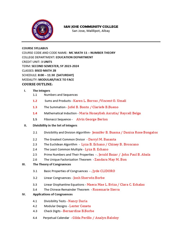 MC Math 11 Math 2b List of Lesson Presenter | PDF