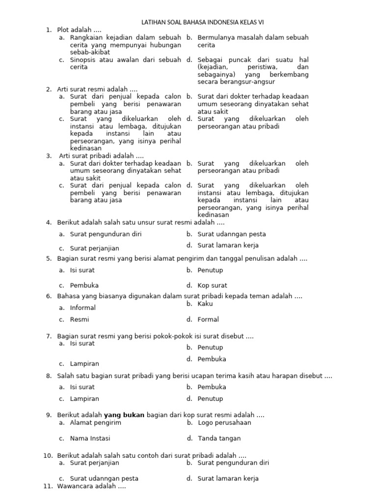 LATIHAN SOAL BAHASA INDONESIA KELAS VI | PDF