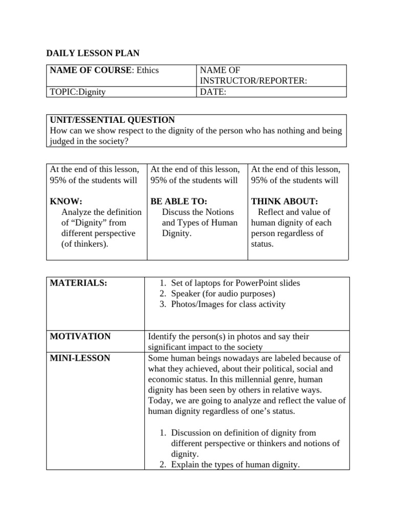 DAILY LESSON PLAN Sample | PDF