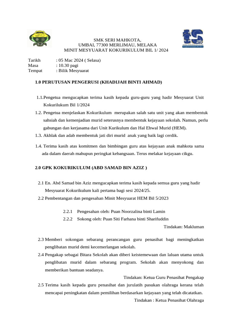 Minit Mesyuarat Koku SMKSM Terbaru | PDF