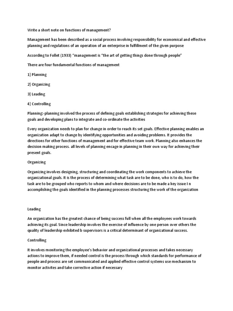 Write A Short Note On Functions of Management | PDF | Reinforcement ...