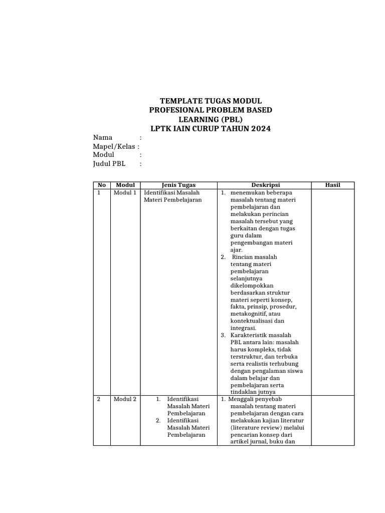 Template Tugas Modul Profesional Problem Based Learning (PBL) LPTK Iain Curup Tahun 2024 | PDF