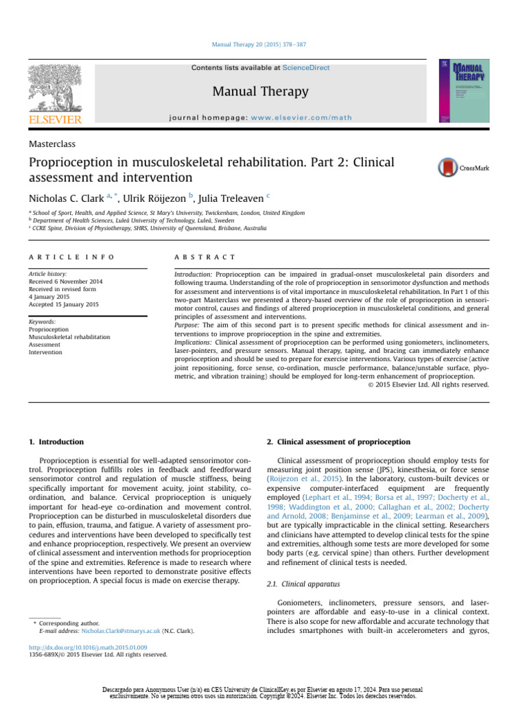 Proprioception in Musculoskeletal Rehabilitation. Part 2 - Clinical ...