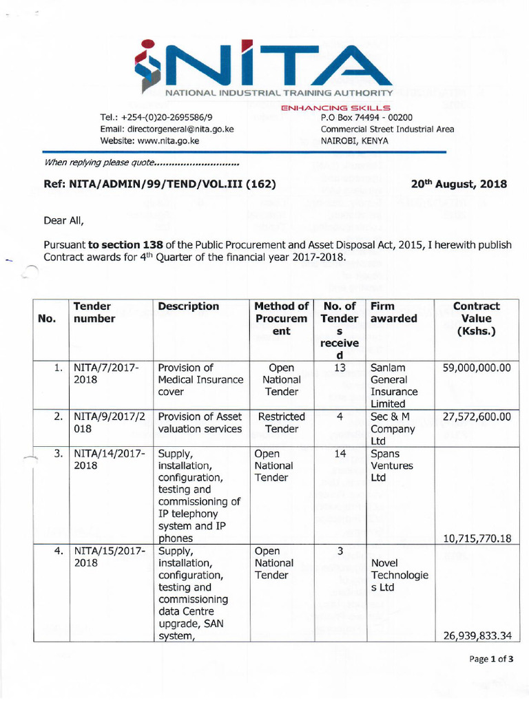 Q4 FY 2017-2018 Tender Award Report | PDF