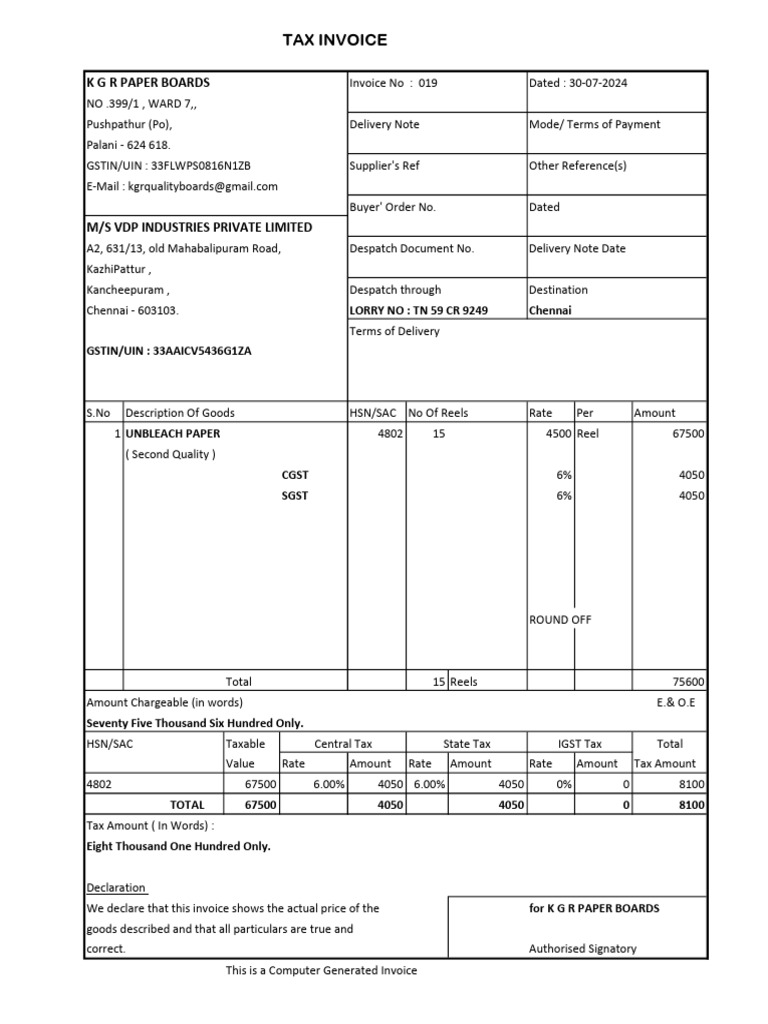 Tax Invoice: K G R Paper Boards | PDF
