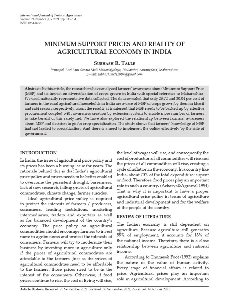Minimum Support Prices and Reality of Agricultural Economy in India | PDF