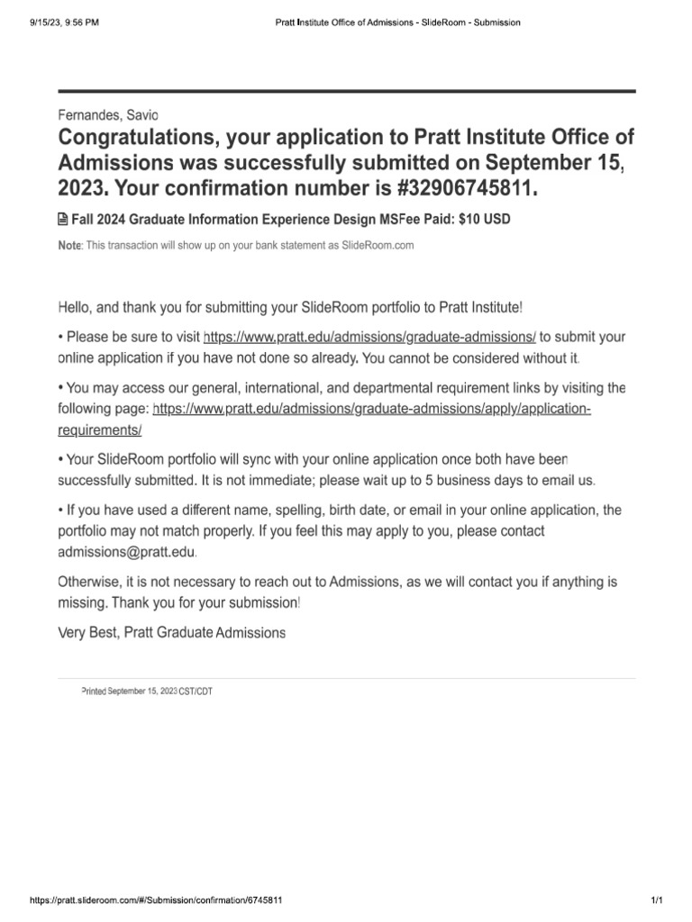 Pratt University Slideroom Submission | PDF