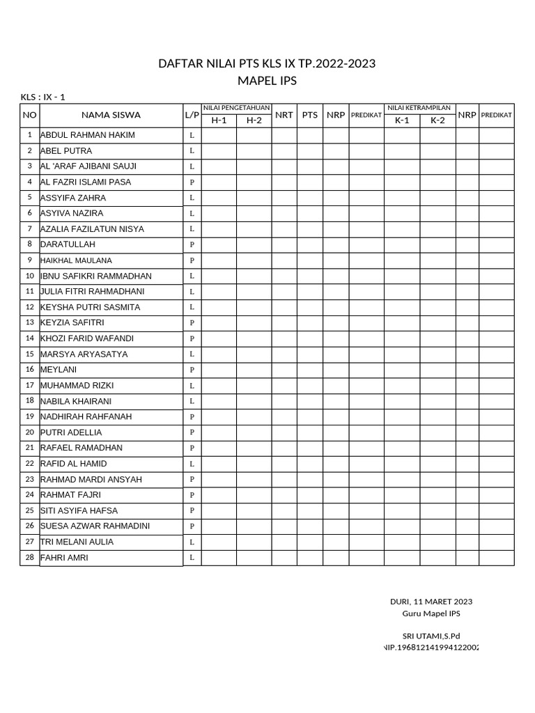 Daftar Nilai Pts Kls Ix Tp. 2022-2023 | PDF