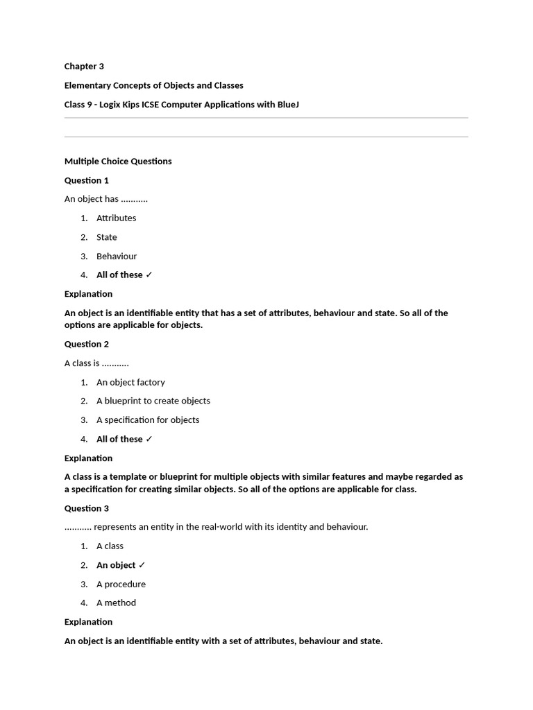 Chapter 3 Elementary Concepts Of Objects And Classes Class 9 Logix