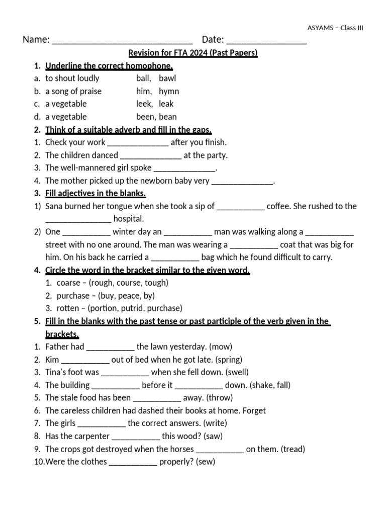 Class 4 Rev for FTA 2024 (Past Papers) | PDF