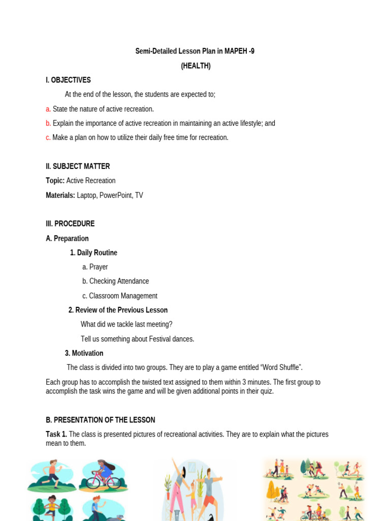 Semi-Detailed Lesson Plan in Active Recreational 9 | PDF