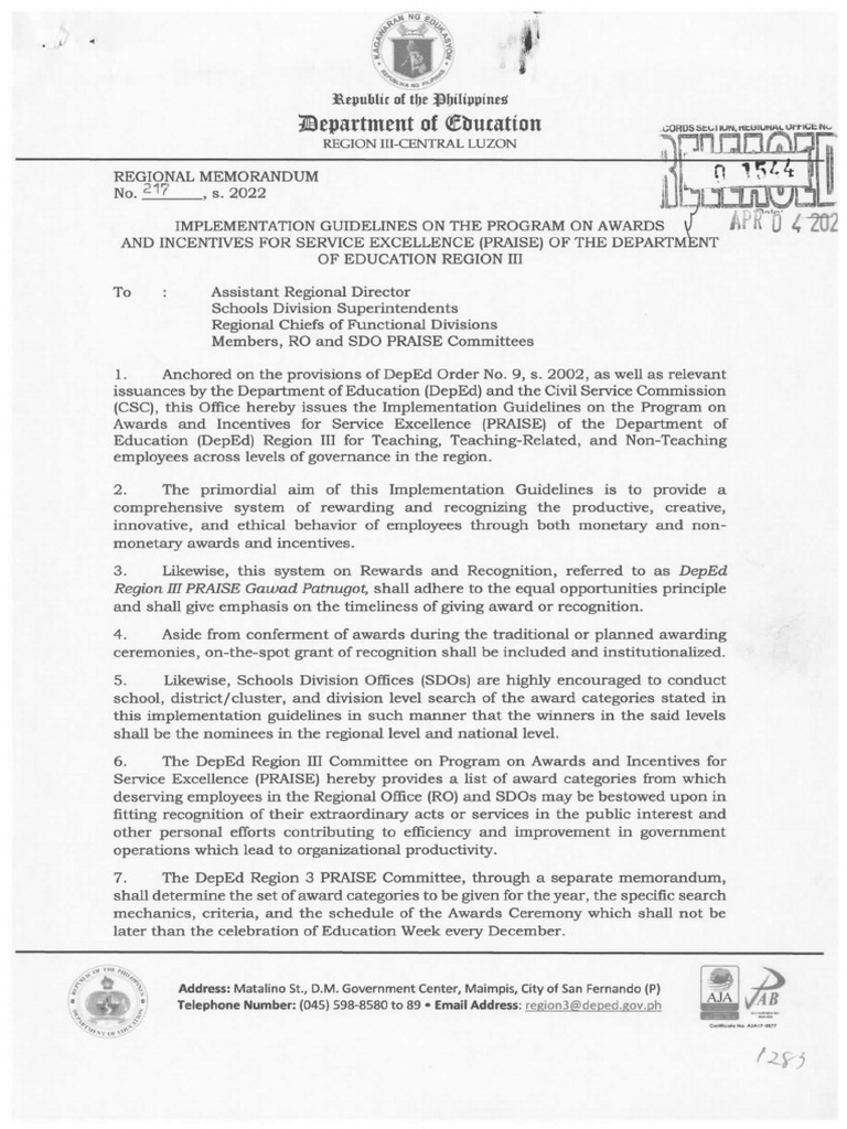 RM No. 217 s. 2022 Implementation Guidelines on the Program on Awards ...