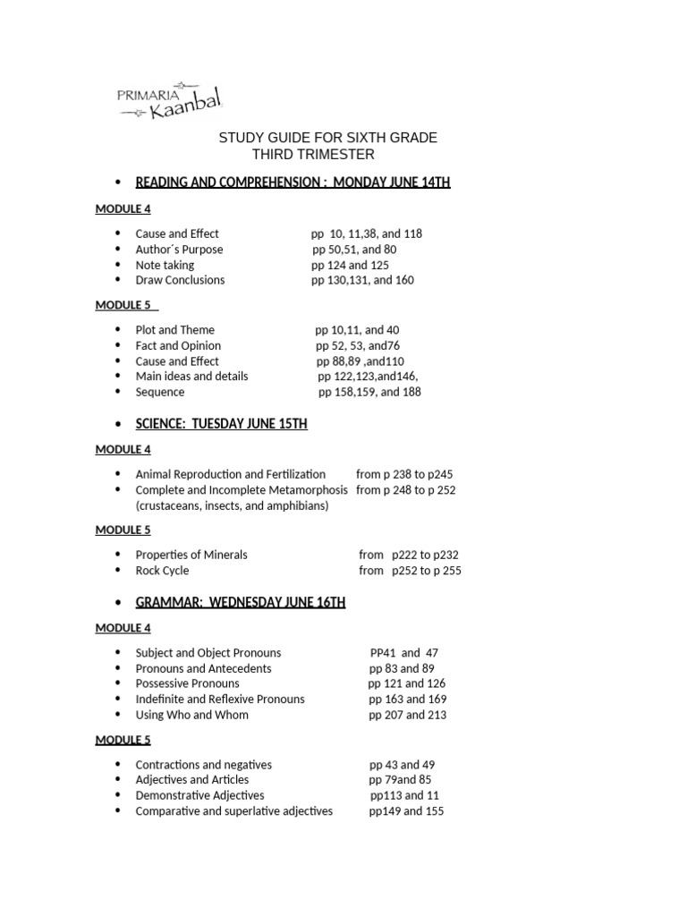 6TH Grade Study Guide | PDF