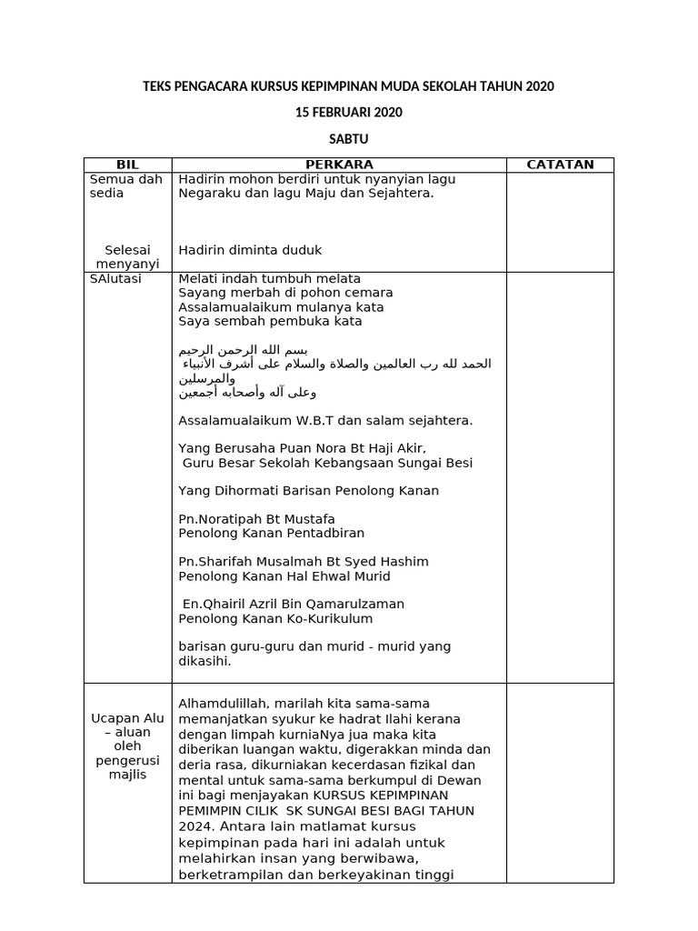 TEKS-PENGACARA-KURSUS Pemimpin Cilik SKSB 2024 | PDF