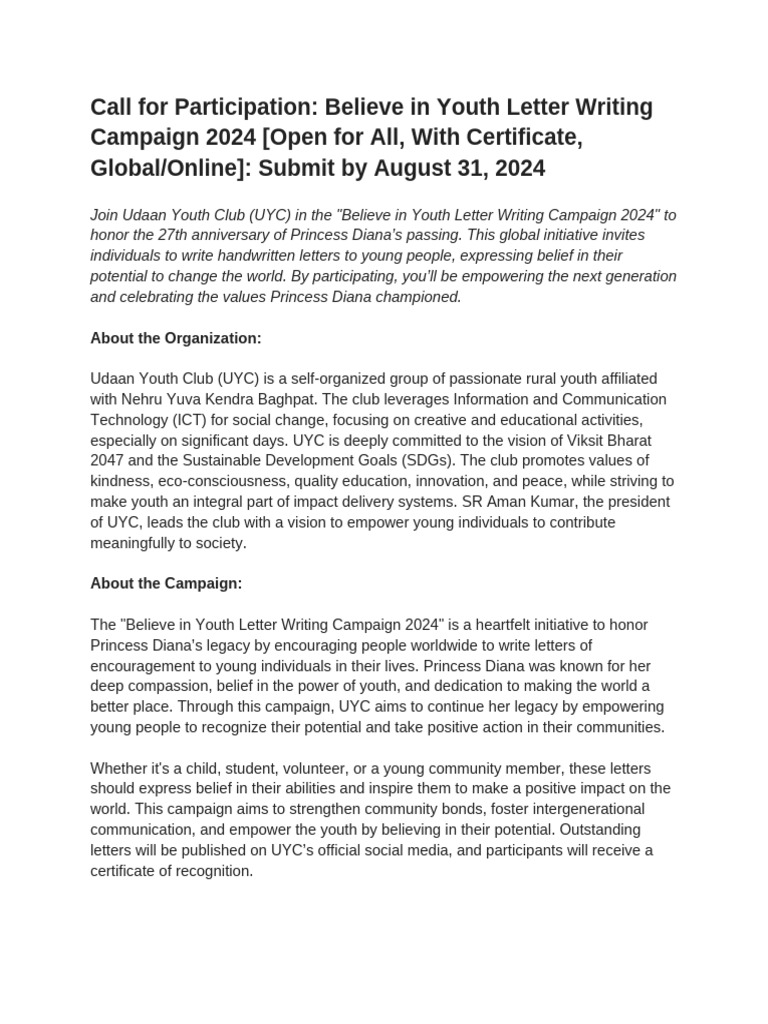 Believe in Youth Letter Writing Campaign 2024 | PDF