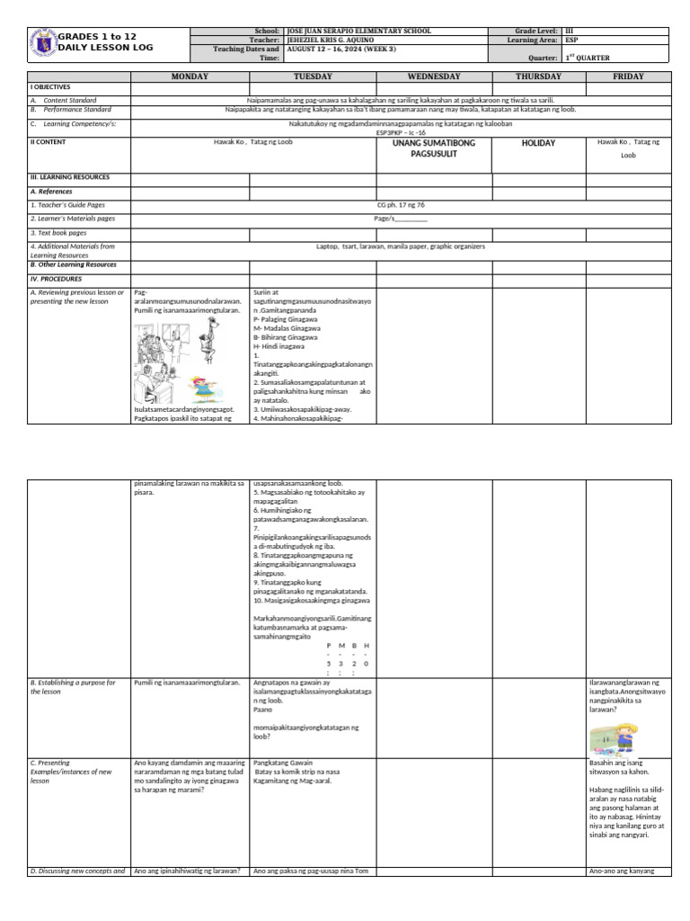 DLL Esp-3 Q1 W3 | PDF