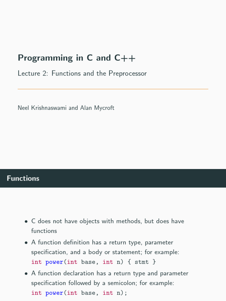 Programming in C and C++ - Lecture 2: Functions and The Preprocessor | PDF