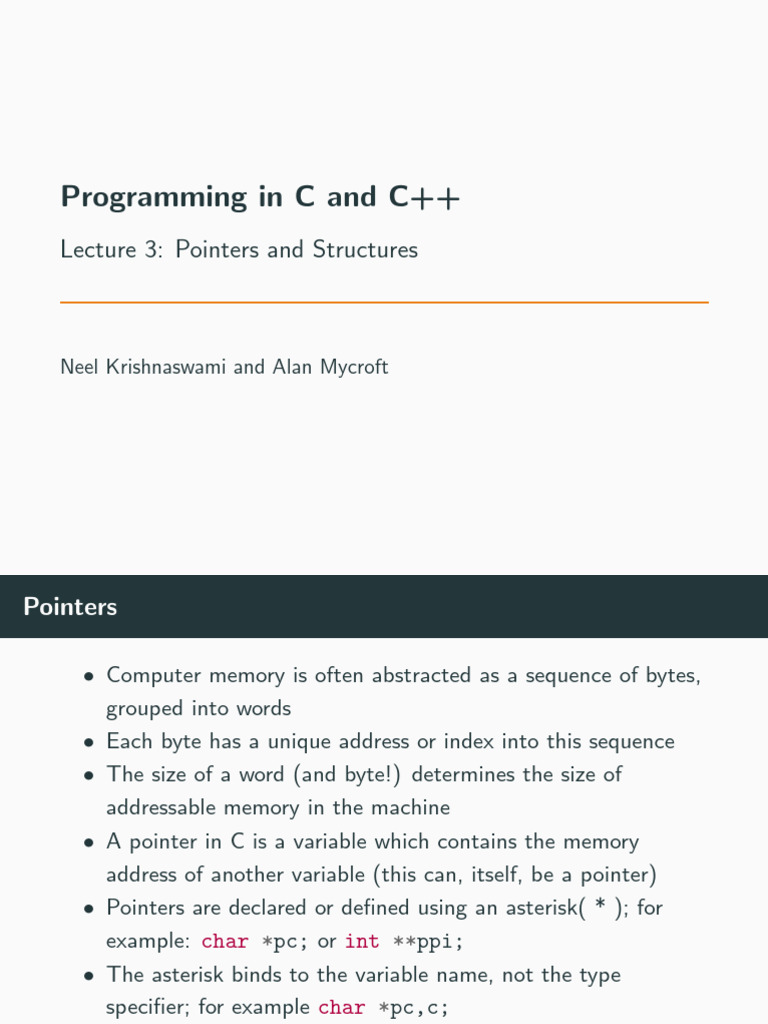 Programming in C and C++: - Lecture 3: Pointers and Structures | PDF